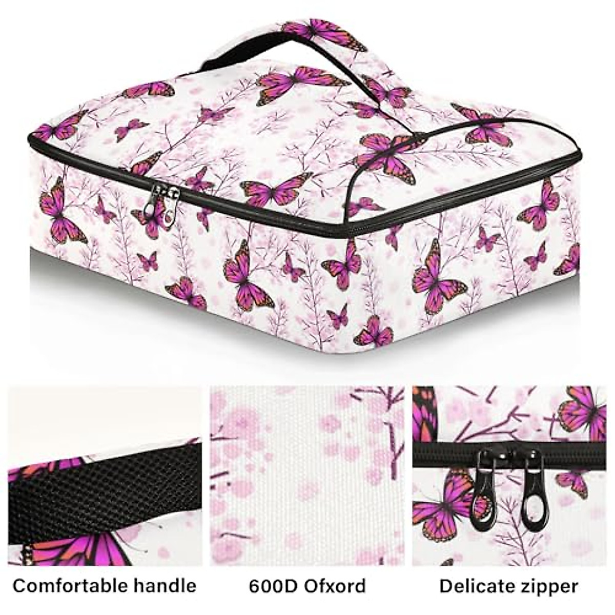 Kcldeci Insulated Thermal Food Carrier Insulated Casserole Carrier for Hot or Cold Food,Small Pink Flowers with Butterflies Insulated Tote Bag for Potluck Cookouts Parties Picnic,Lasagna Lugger
