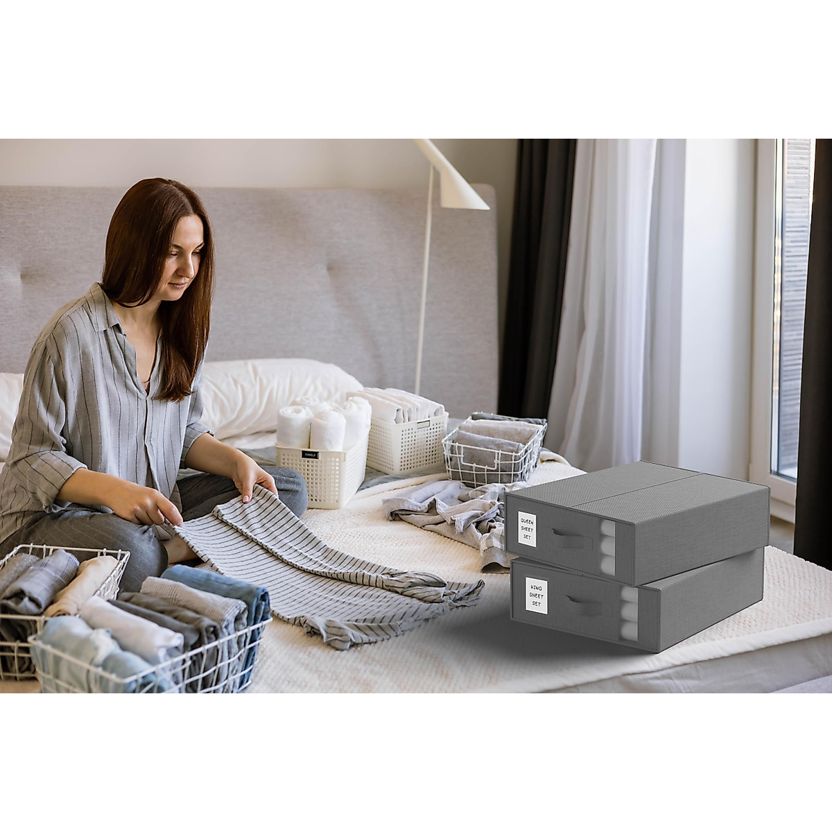 PARANTA Bed Sheet Organizers and Storage 6 Pack,Foldable Linen Closet Organizer,Twin Full Bed Sheet Organizers with Label Handle Window,Sheets Set Keeper for Blanket Duvet Cover Queen or King Grey