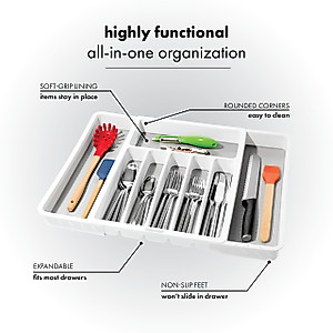 madesmart White Expandable Silverware Tray Classic Collection | 8-Compartments | Icons to Help sort Flatware, Cutlery, Utensils | Soft-Grip Lining | BPA-Free