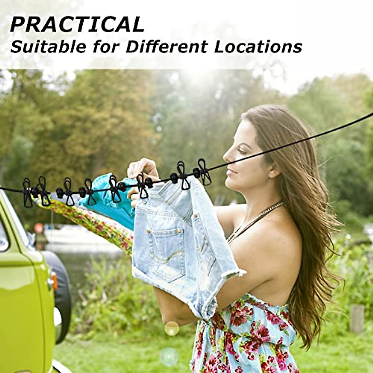 FYY Clothesline, Portable Elastic Travel Camping Clothes line with 12 Black Clips, Retractable Laundry Drying line for Home, Backyard, Hotel, Outdoor and Indoor Use (Black)