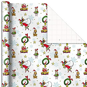 Hallmark Grinch Wrapping Paper for Kids (3 Rolls: 105 Sq. Ft. Ttl) for Christmas with Blue Tiles, White Snowflakes, Cindy Lou Who, Max