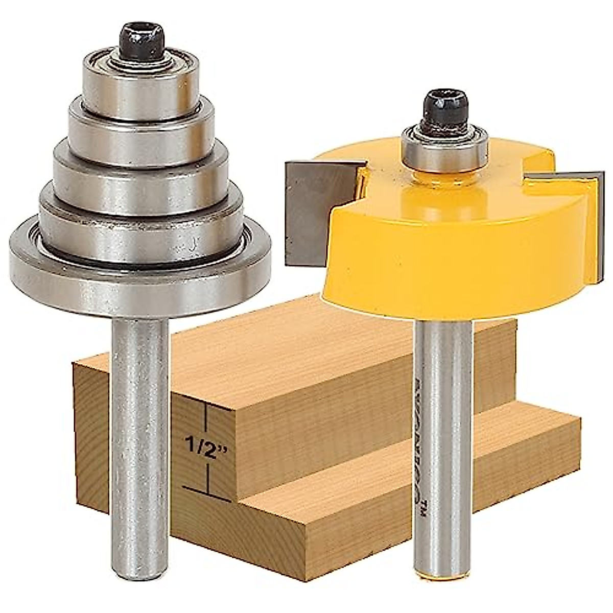 YONICO Rabbet & Bearing Router Bit Set 1/2-Inch Height with 6 Bearings 1/4-Inch Shank 14705q
