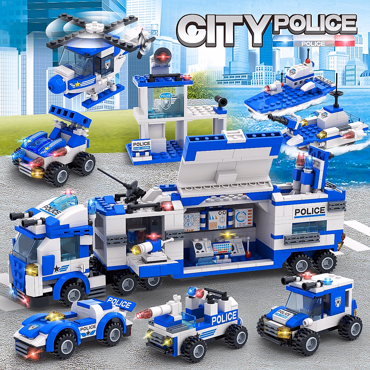 EP EXERCISE N PLAY 1338 Pieces City Police Car Building Sets, Police Station Truck Toy Blocks Set with Prison Helicopter Cop Car Boat for Boys and Kids Aged 6-12