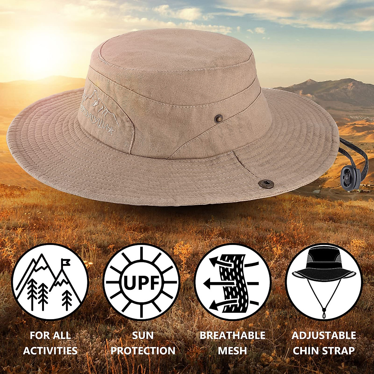 Obling Sun Hat, Fishing Hat UPF 50 Wide Brim Bucket Hat Safari Boonie Hat B-Khaki