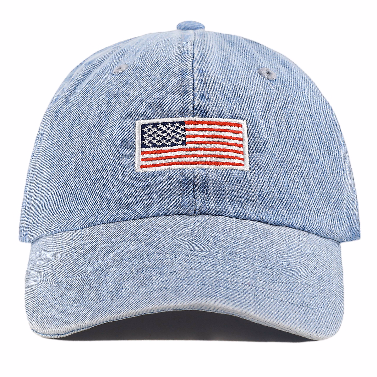 USA Flag & Embroidery Premium 100% Cotton Low Profile Adjustable Baseball Dad Cap (Flag - Light Denim)