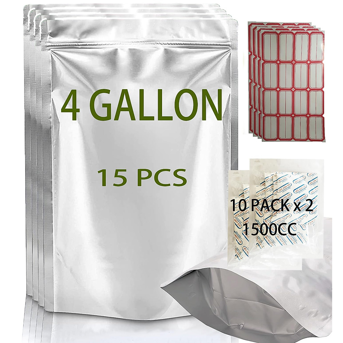 15Pk 4 Gallon Mylar Bags for Food Storage and 20 x 1500cc Oxygen Absorbers, 10 Mil Packaging Bags for Food Storage, Zipper Resealable Pouches Heat Sealable Stand Up Bags