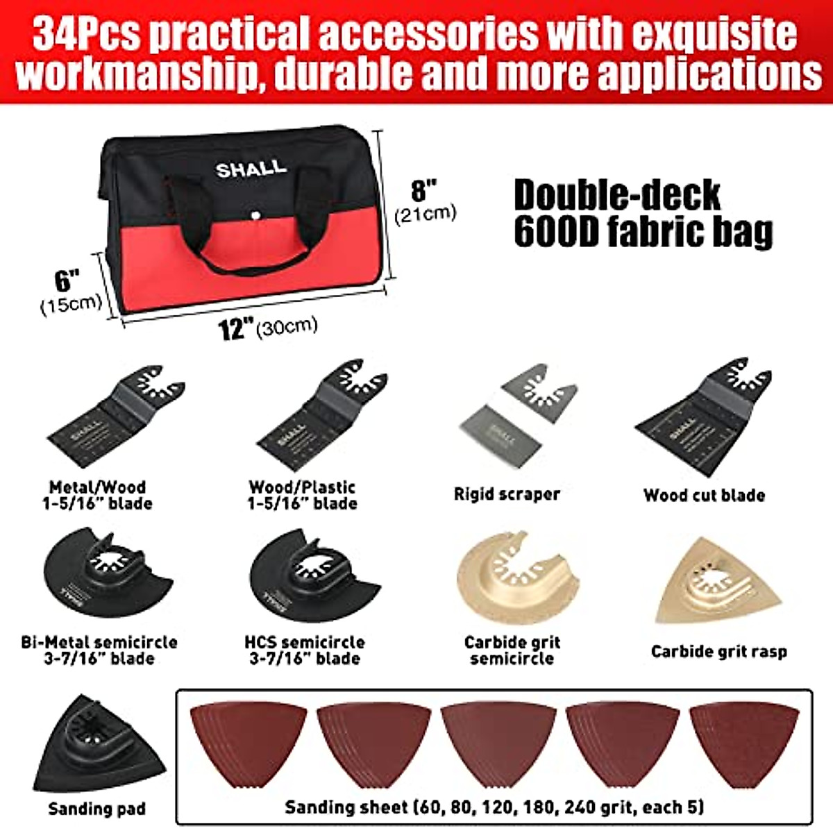 SHALL Oscillating Tool, 4.0A Oscillating Multitool Kit with 5° Oscillation Angle, Quick Change & Kickback Protection, 6 Variable Speeds, Auxiliary Handle, 34Pcs Saw Accessories and Carry Bag Included