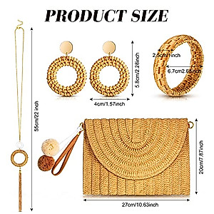 Junkin 5 Pieces Straw Shoulder Crossbody Bag, Long Necklace and Rattan Earrings and Rattan Wicker Bracelet Casual Beach Clutch Handmade Bag Tassel Necklace for Women Purse Wallet (Simple Style)