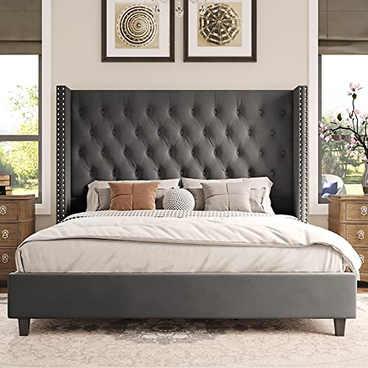 Jocisland King Bed Frame Wingback Headboard Upholstered Bed Velvet Tufted Deep Button/No Box Spring Needed/Easy Assembly/Dark Gray