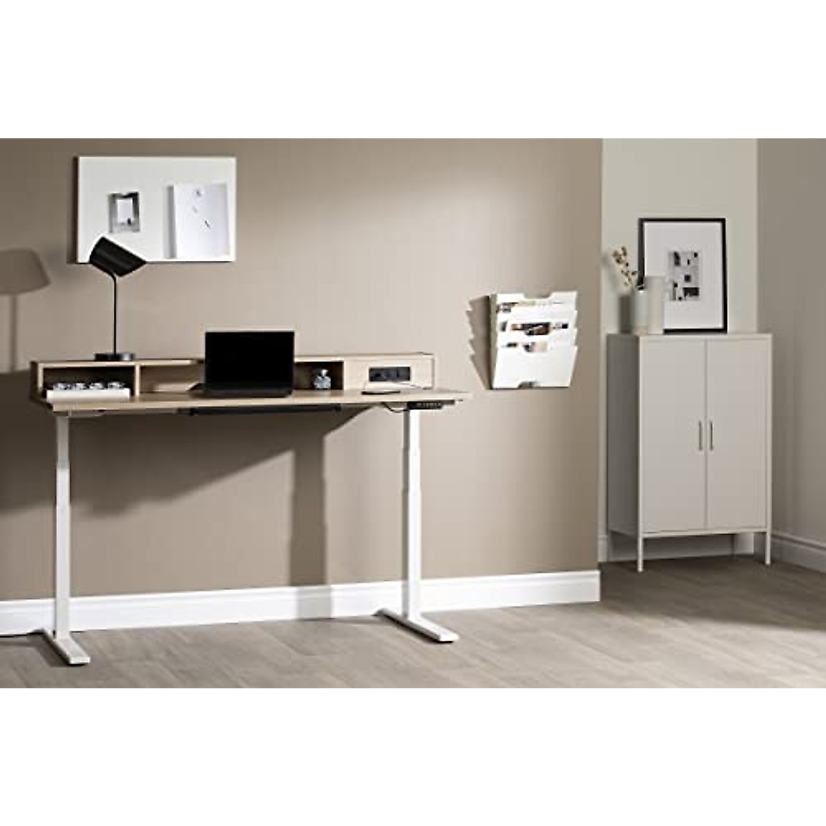South Shore Majyta Adjustable Height Standing Desk with Built In Power Bar Soft Elm and Matte Black, Contemporary