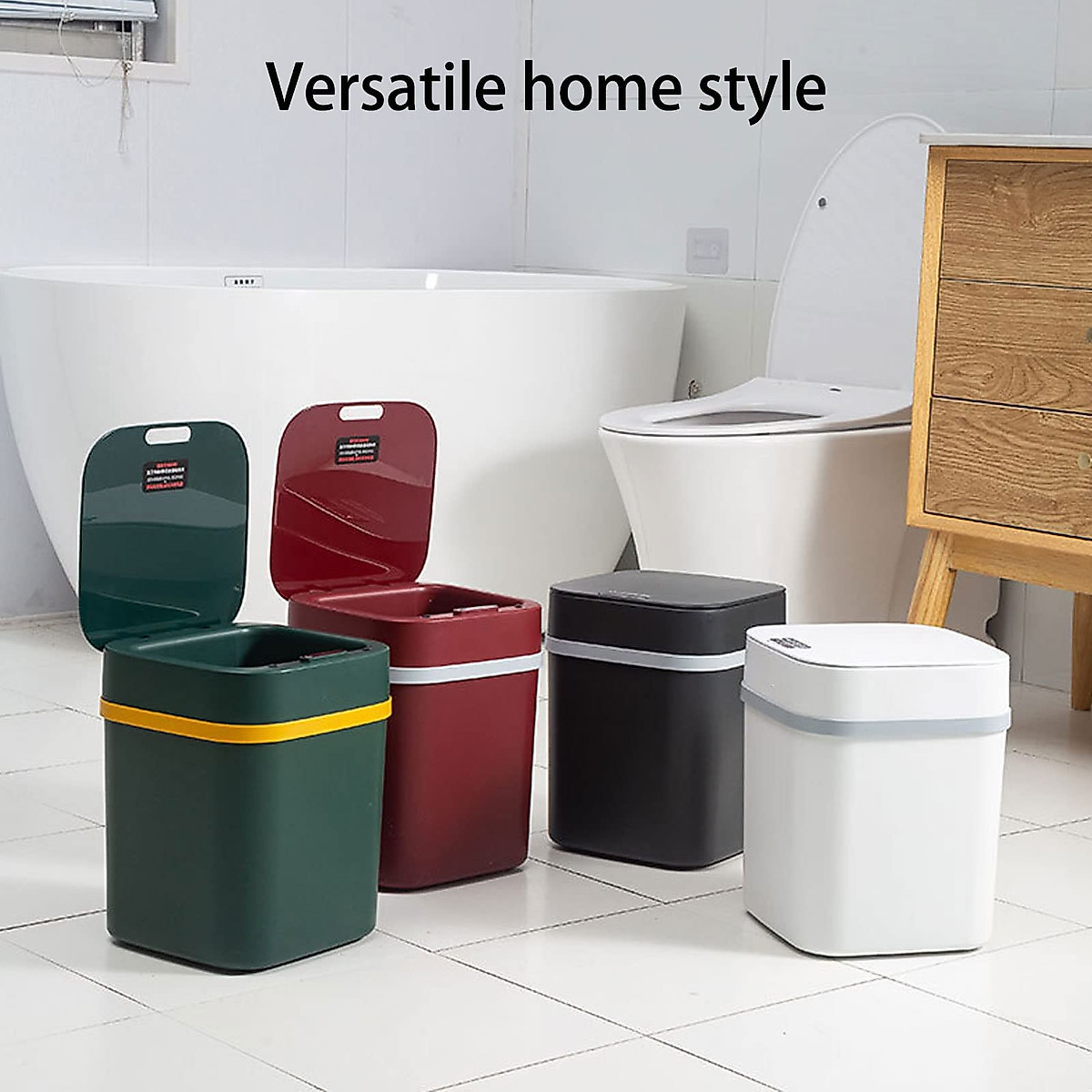 DWLOMHE Automatic Induction Trash, Home Smart Garbage Bin, Automatic Touchless Infrared Motion Sensor Trash Can Combo Set, Removable Liner Bucket with Handles, White