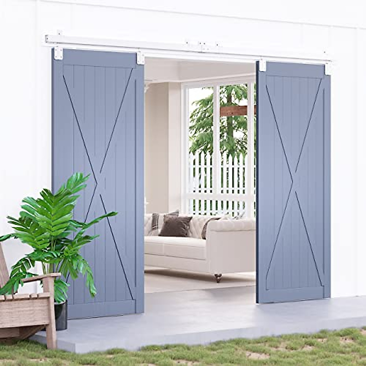 SMARTSMITH 8FT Galvanized Box Rail Track Sliding Barn Door Hardware for Exterior Barn Door Raw Material, Smoothly and Quietly, Double Door Easy to Install