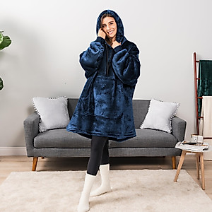 PAVILIA Blanket Hoodie for Women Navy, Sherpa Wearable Blanket Men, Cozy Oversized Sweatshirt Blanket, Warm Fleece Hooded Blanket Sweater with Sleeves and Giant Pocket, Navy Blue