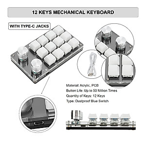 KUIDAMOS 12 Key Mini Mechanical Gaming Keyboard,Macro Keyboard Knob with Type C to USB Interface Mini One-Handed Mechanical Gaming Keypad One-Click Start for Linux OS X(White)