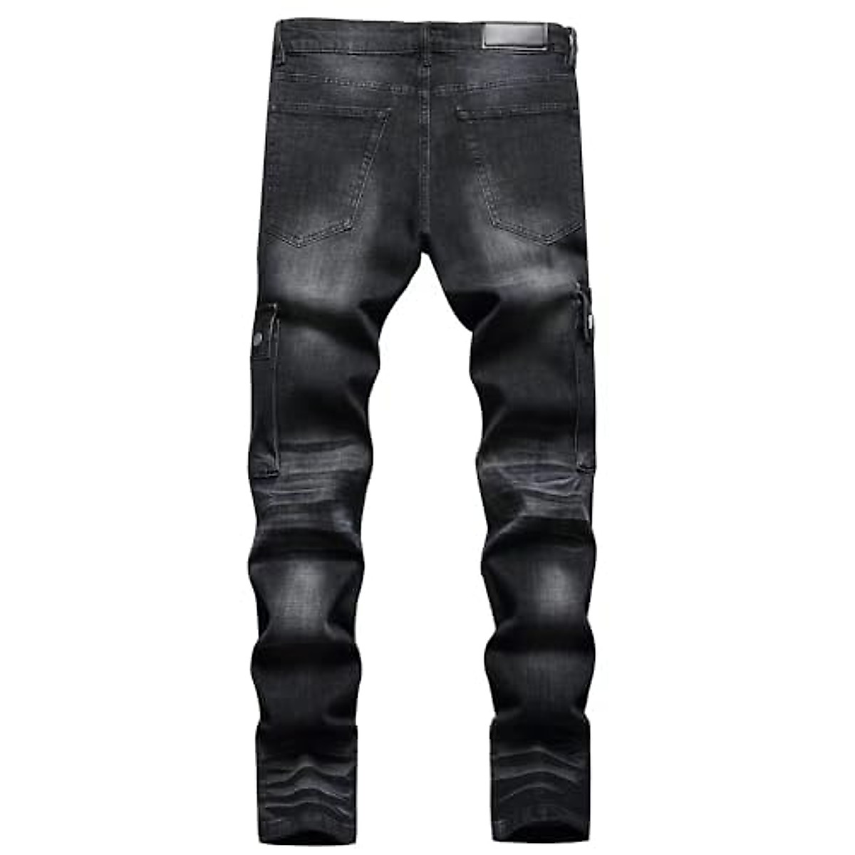 HENGAO Mens Cargo Jeans Ripped Skinny Slim Fit Stretch Jeans, Distressed Destroyed Straight Denim Pants with Pockets, 1755 Black, 40