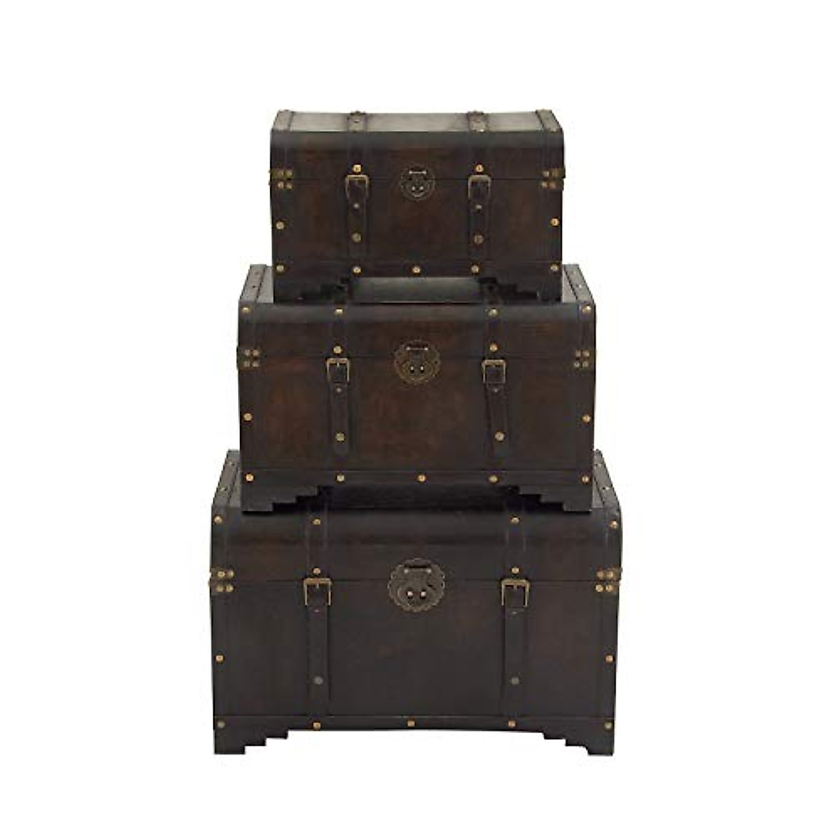 Deco 79 Wood Nesting Upholstered Trunk with Vintage Accents and Studs, Set of 3 28", 24", 20"W, Brown