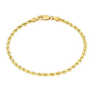 Nuragold 14k Yellow Gold 2mm Rope Chain Diamond Cut Bracelet or Anklet, Mens Womens Jewelry 7" 7.5" 8" 8.5" 9"