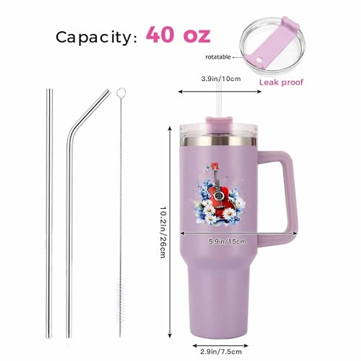 LB LEOBON 40 ounce insulated cup with handle, double-layer vacuum stainless steel material, equipped with straw, can keep warm or maintain cold drinks Daisy Guitar Fragrant taro purple