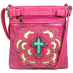 Justin West Tooled Turquoise Stone Cross Rhinestone Laser Cut Shoulder Chain Concealed Carry Handbag Purse Wallet Messenger (Hot Pink Messenger Bag)