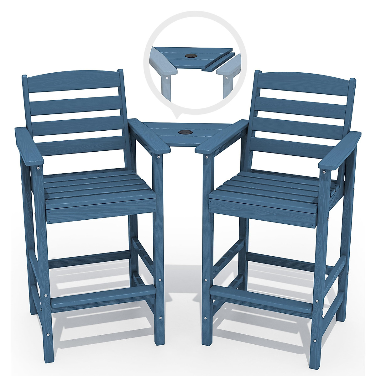 SERWALL Tall Adirondack Chairs Set of 2 with Connecting Table, Blue