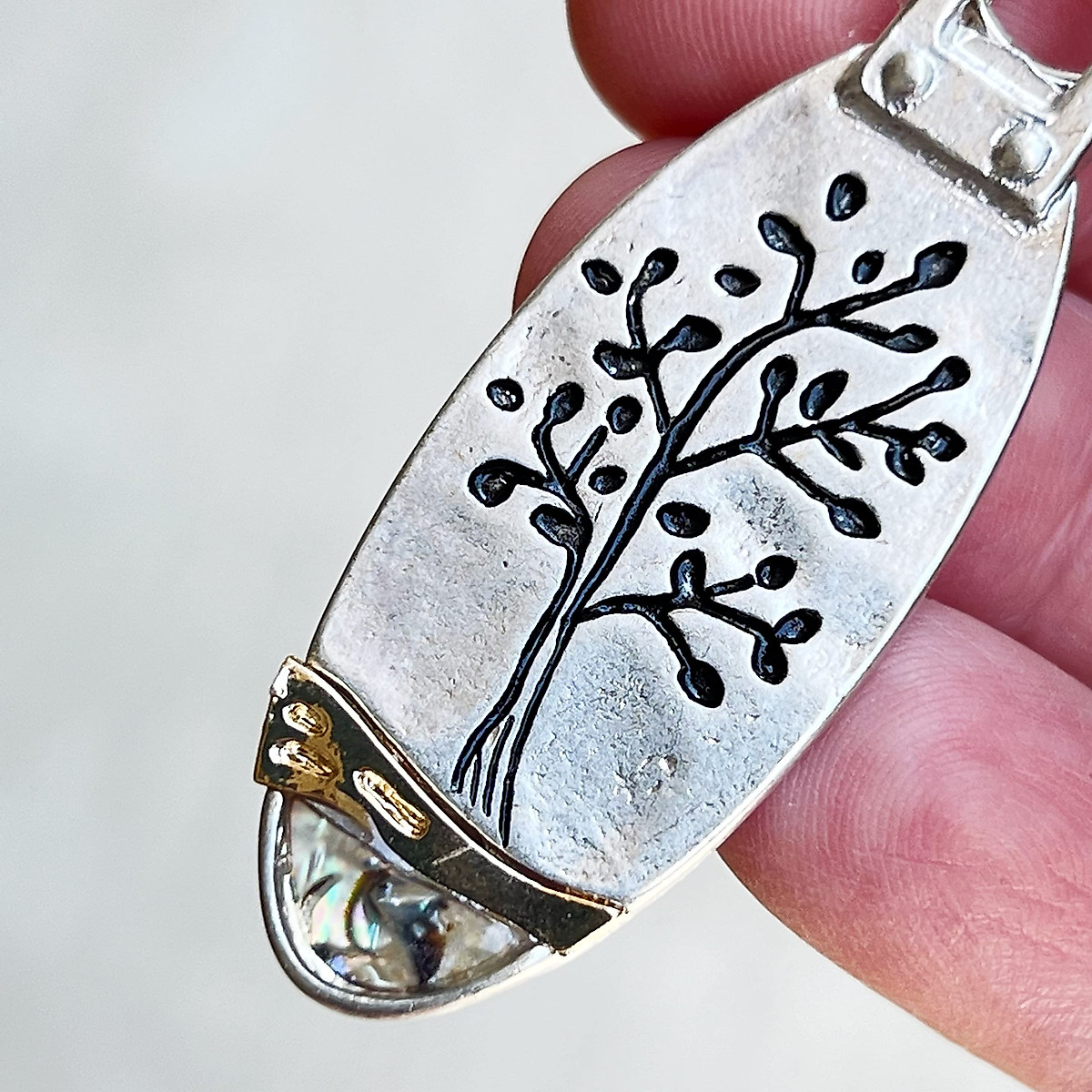 Silver Tree of Life Zipper Pull for Purse, Cute Abalone Shell Backpack Charms, Unique Gold inlaid Handbag Jewelry, Large Zipper Charms, Cool Keychain Charm