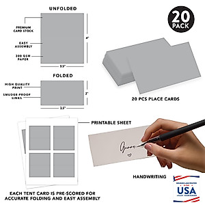 Andaz Press Table Tent Printable Place Cards, Gray 20-Pack, Seat Placement Cards Blank Place Cards Table Settings Name Cards for Baby Bridal Wedding, School Graduation Food Cards Grey Place Cards