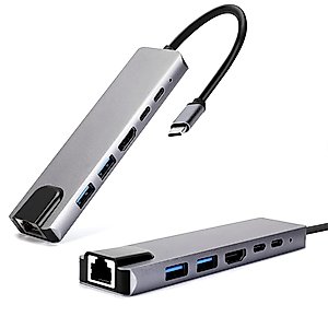 USB C Hub, 6 in 1 USB C Hub Adapter to 4K HDMI, 2 USB 3.0 Ports, 1 NIC Port 45W PD Dock for MacBook and Other Type C Devices