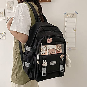 Kawaii Backpack for Teen Girls Aesthetic Student Bookbags with Cute pin bear pendant harajuku school nylon waterproof (black)