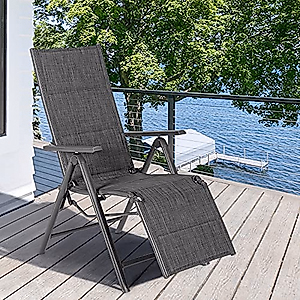 Tangkula Outdoor Reclining Lounge Chair, Patio Padded Folding Chair W/7 Adjustable Positions, Sturdy Aluminum Frame, Portable Chaise Lounge Chair W/High Backrest, Ideal for Indoor & Outdoor (1, Grey)