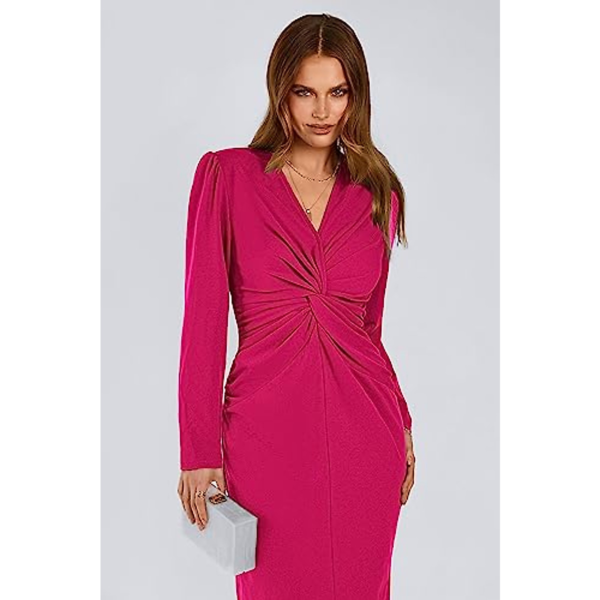 PRETTYGARDEN Women's Fall Fashion 2023 Long Puff Sleeve Maxi Dresses V Neck Twist Front Formal Dress with Slit (Rose Red,Medium)