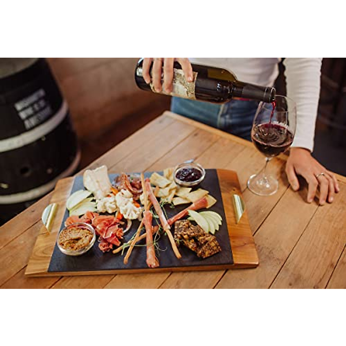 TOSCANA - a Picnic Time brand Covina Slate Serving Tray, Charcuterie Board Set, (Acacia Wood & Slate Black with Gold Accents) Large