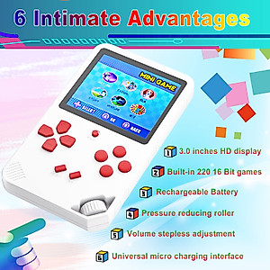 Great Boy Handheld Game Console for Kids Preloaded 220 Classic Retro 16 Bit Games with 3.0'' Color Display Rechargeable Arcade Gaming Player (White)