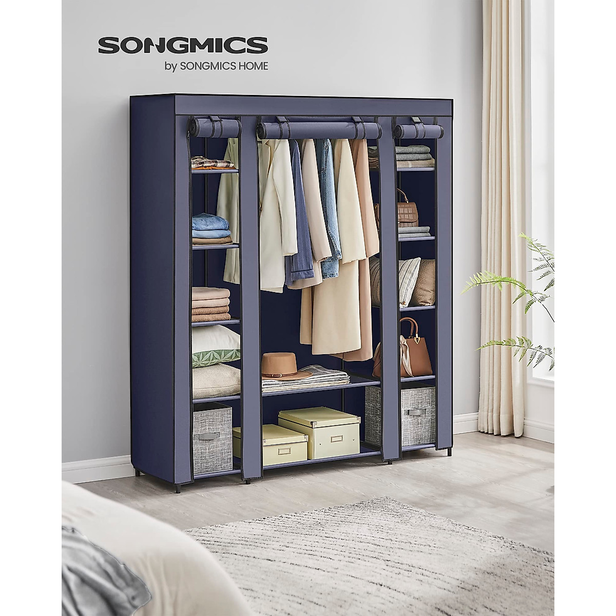 SONGMICS Closet Wardrobe, Portable Closet for Bedroom, Clothes Rail with Non-Woven Fabric Cover, Clothes Storage Organizer, 59 x 17.7 x 69 Inches, 12 Compartments, Dark Blue ULSF003I02