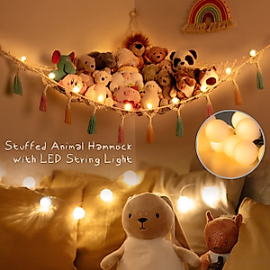 Stuffed Animal Net or Hammock with Light,Yewiwin Macrame Hanging Net Hammock for Stuffed Animal Toy Storage Organizer Boho Decor Room Holder for Nursery Play Room Bedroom (Beige)