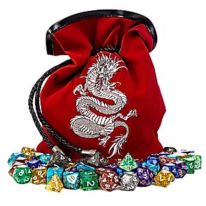 Large Dice Bag with 7 Complete Dice Sets | Dragon DND Dice Bag and 49 Polyhedral Dice | Red Dice Bag with Pockets