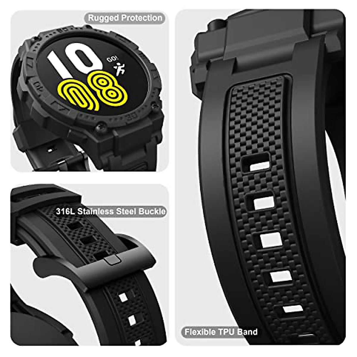 GELISHI Compatible with Galaxy Watch 5, 4 Band Case 44mm Men Women, Rugged Protective Protector Military Sport for 5/4 44mm, Black