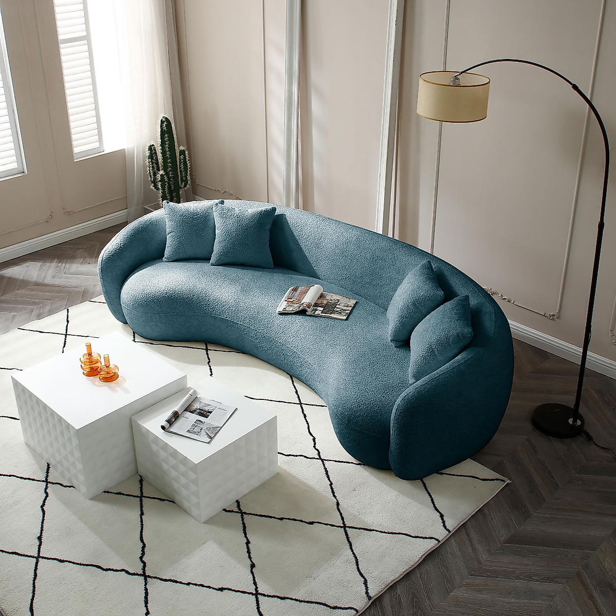 FANYE 5 Seats Teddy Fleece Boucle Freestanding Sofa Modern Half-Moon Leisure Couch with 4 Perfectly-Scaled Pillows, Oversized Sleek Curved Sofa&Couch for Home Office Apartment Living Room, 101", Blue