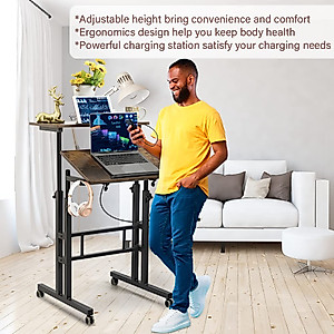 Hadulcet Mobile Standing Desk with Charging Station, Adjustable Standing Computer Desk, Standing Adjustable Laptop Cart with Wheels for Home Office Classroom Rustic Brown