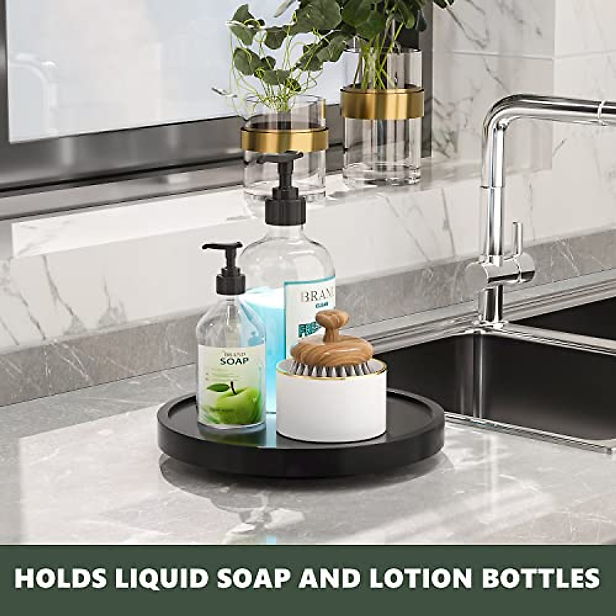 Turntable Vanity Tray 9 Inch for Perfume Candle, Bamboo Kitchen Sink Countertop Organizer for Keep Glass, Sponge and Soap Bathroom Countertop Organizer Black