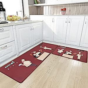 Yinhua Kitchen Mats for Floor 2 Piece, Red Kitchen Rugs Set, Cushioned Anti Fatigue Mats for Kitchen Floor Mat, Vinyl Kitchen Floor Mat, Cute Chef Kitchen Rug and Mats Non Skid Waterproof