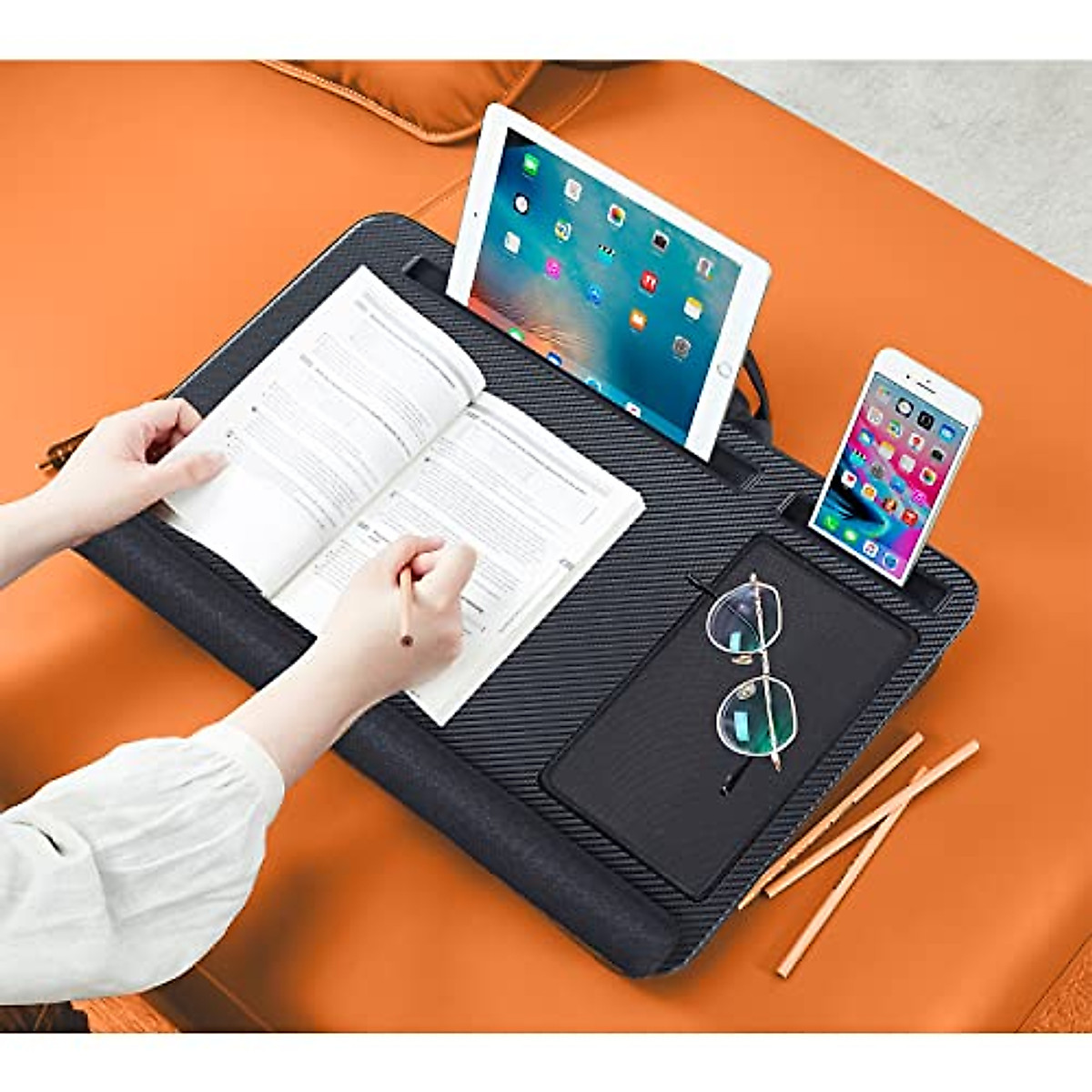 Laptop Lap Desk with All in One Bag to Hold Laptop Computer up to 17.3 Inch, Home Office Bed Desk with Cushion Sofa Desk, Laptop Stand with Wrist Pad (Black Carbon)