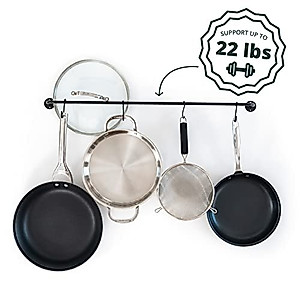 Greenco Pot and Pan Wall Mounted Rail Hanger Racks| Cookware Set and Storage Organization| 15-Hook Hanging Rack | Black Pots and Pans Organizer | Great For Kitchen Shelf