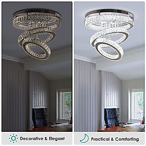 Finktonglan 19.7" Crystal Chandelier Modern LED Crystal Ceiling Light Fixture Flush Mount Ring Chandeliers for Bedroom Dining Room Living Room 6500K Cool White