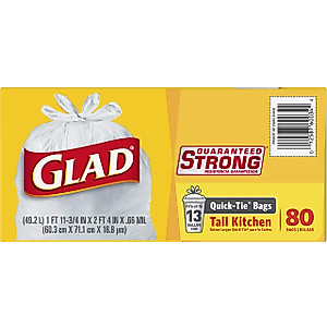 GLAD Tall Quick-Tie Trash Bags, 13 Gallon White Trash Bags for Tall Kitchen Trash Can, 80 Count - Packaging May Vary