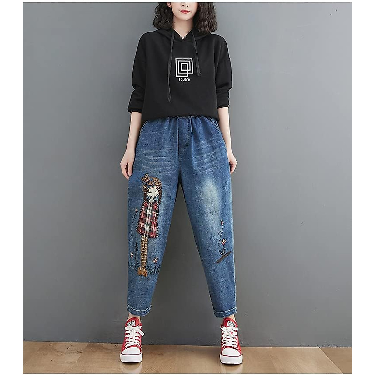 LAI MENG FIVE CATS Women Loose Jeans Denim Harem Pants with Elastic Waist with Pocket