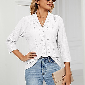 Loose Fitting Tops for Women 3/4 Sleeve Lace Crochet Lapel v Neck Shirts Casual Summer Business Work Office Blouse