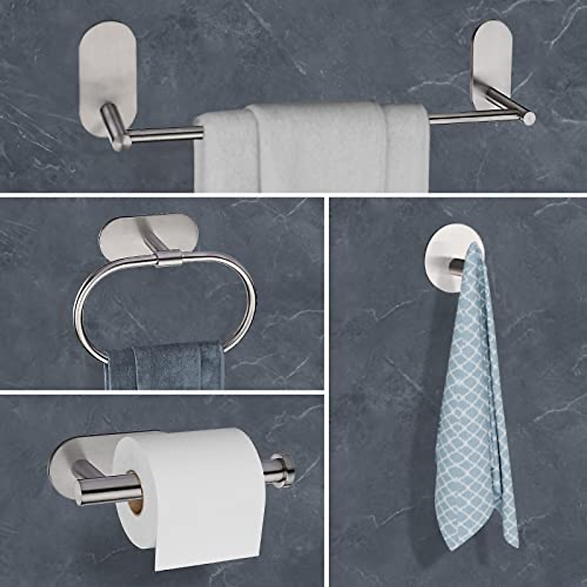 HouseAid 5-Piece Self Adhesive Towel Holder Set for Bathroom, Adhesive Bathroom Hardware Accessories Including Towel Ring, Toilet Paper Holder, 18” Towel Bar and 2 Towel Hooks, Brushed Nickel