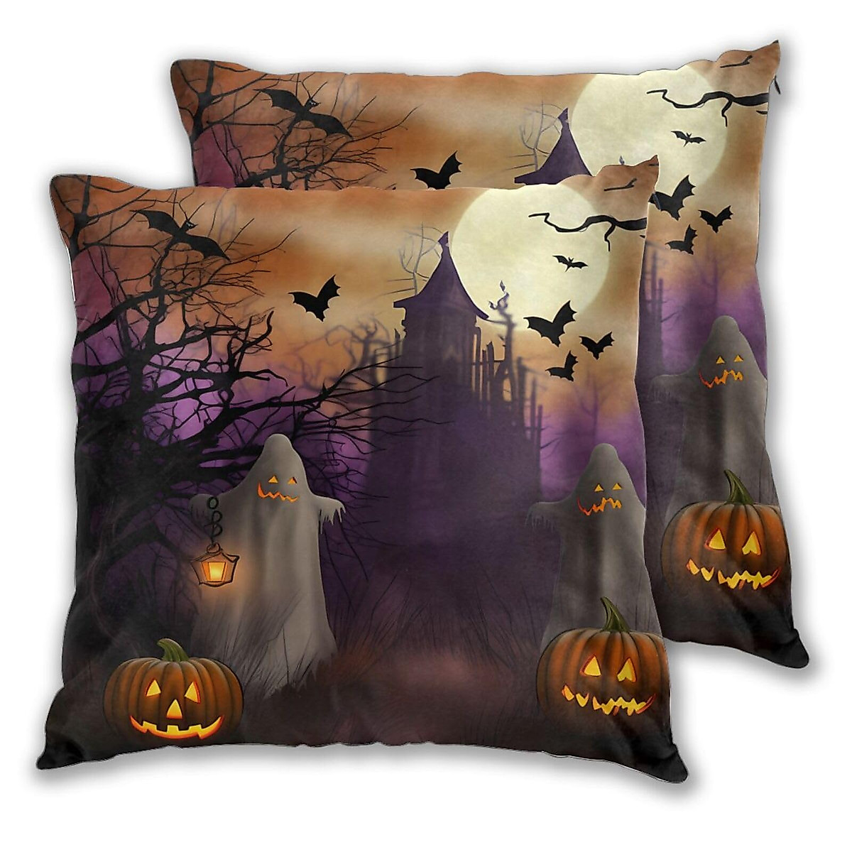 SHIRMDIY Ghost Pumpkin Moon Square Throw Pillow Covers 2 Packs, Halloween Castle Decorative Couch Pillowcase with Hidden Zipper, 16x16 Inch Double Side Print Throws Cushion Cover for Bed Sofa