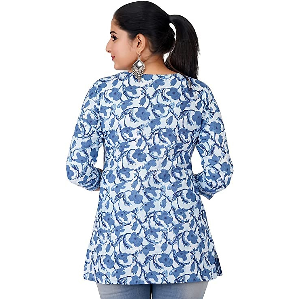 COTTON HTHRANG Indian Women's Tunics Tops, Cotton Hand Block Printed Short Kurti, Shirt, Blouse For Women Royal Blue