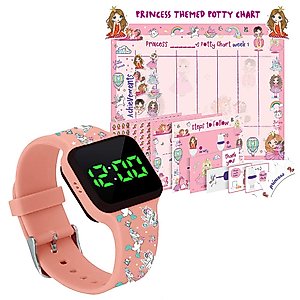 ATHENA FUTURES Potty Training Timer Watch with Flashing Lights and Music Tones Unicorn Pattern and Potty Training Chart for Toddlers - Princess Design - Sticker Chart, 4 Week Reward Chart